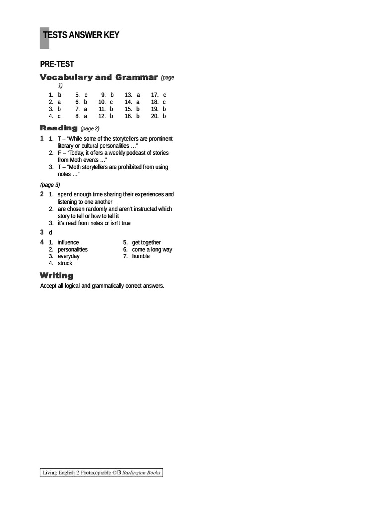 Tests Answer Key Tests Answer Key: Ocabulary and Grammar | PDF ...