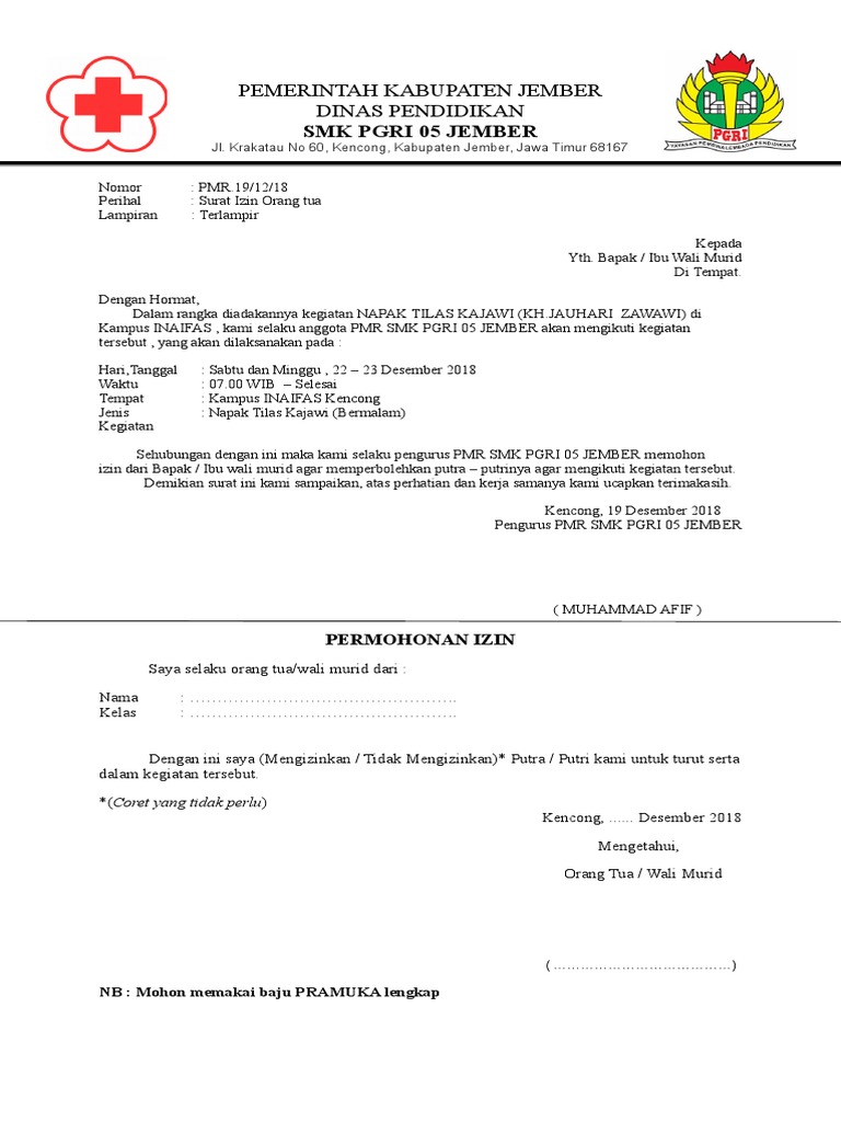 Surat Ijin Orang Tua PMR | PDF