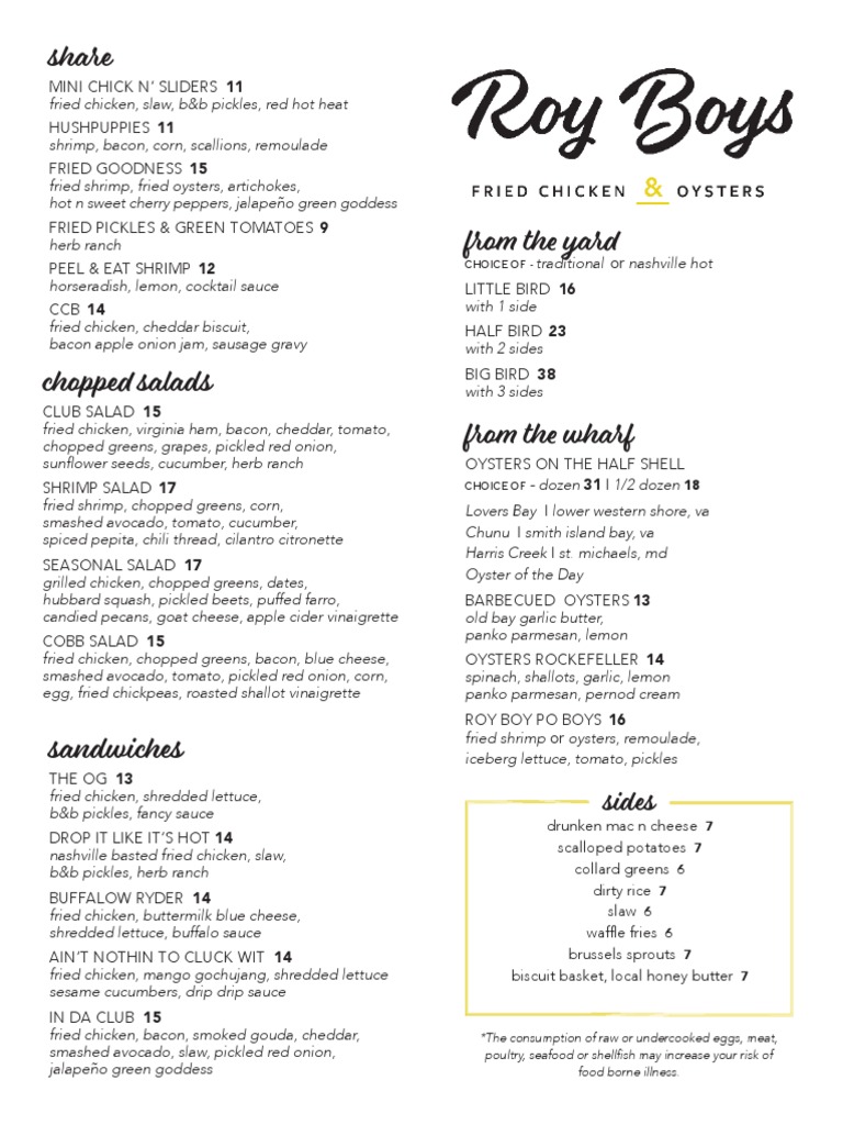 Roy Boys Menu | PDF | Pickling | Coleslaw