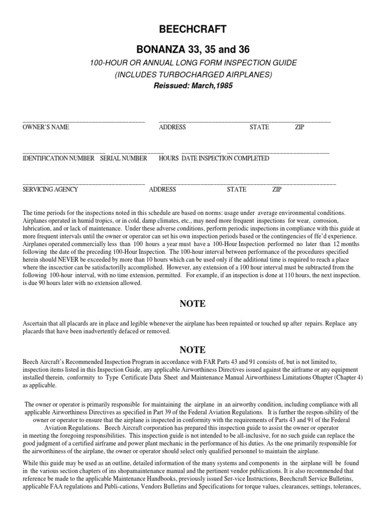 Beechcraft BONANZA 33, 35 and 36: 100-Hour or Annual Long Form ...