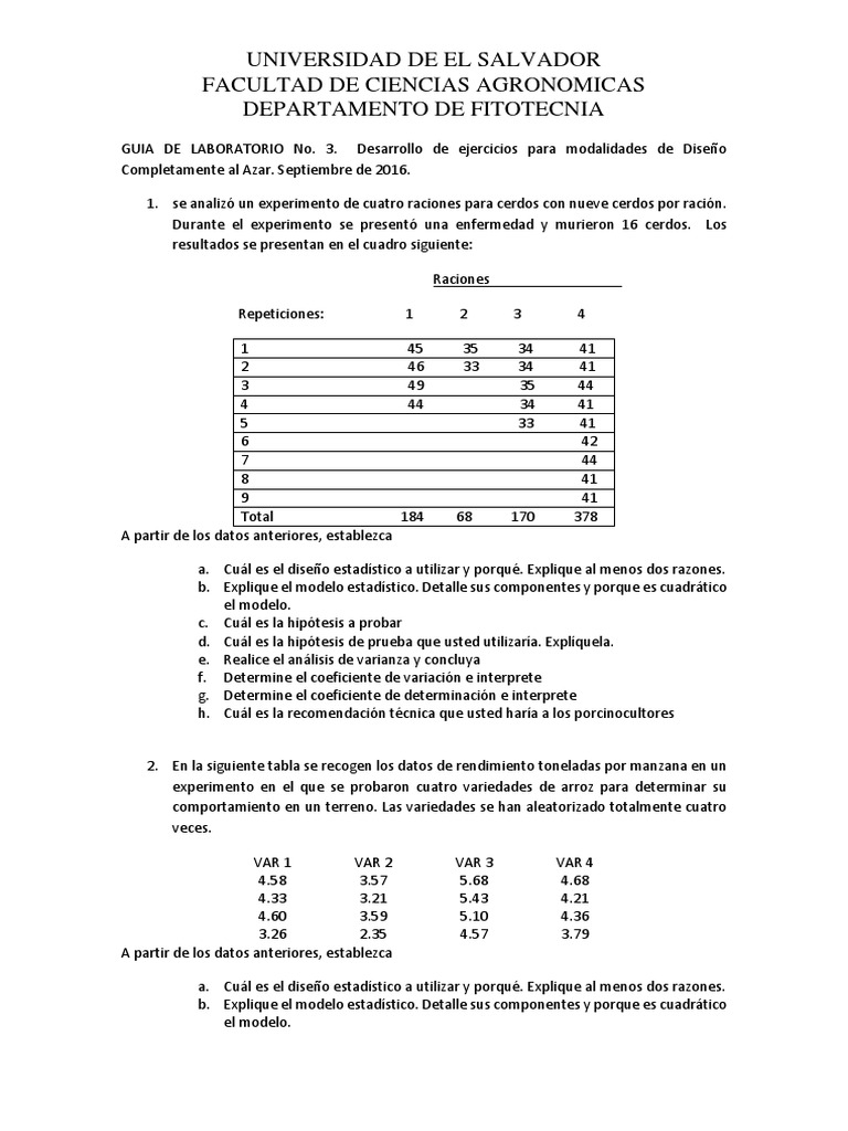 Guía de Laboratorio 3. Diseño Completamente Al Azar. 2016 | PDF ...
