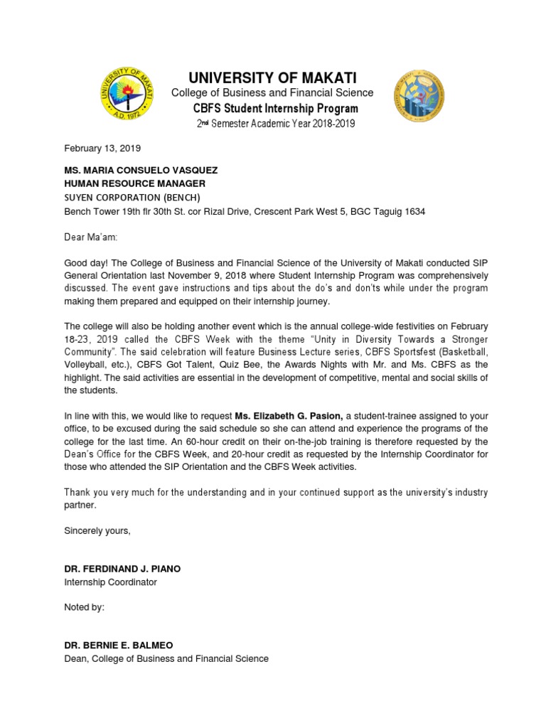University of Makati: CBFS Student Internship Program | PDF | Academia ...