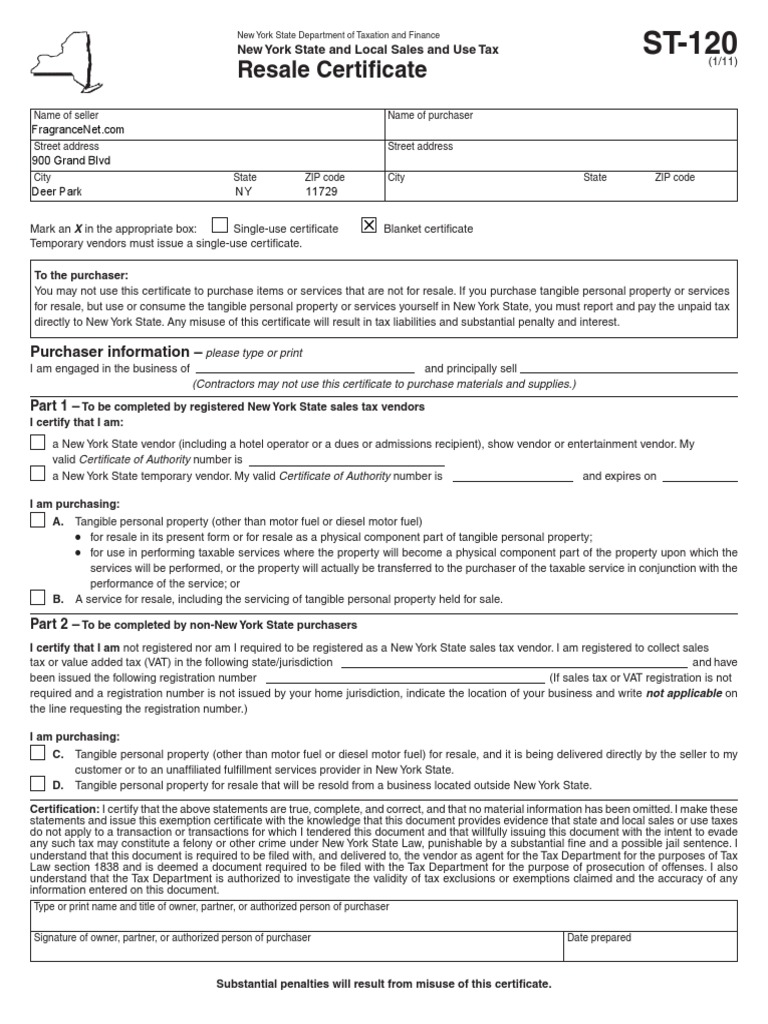 NYS Resale Certificate | PDF | Taxes | Government Finances