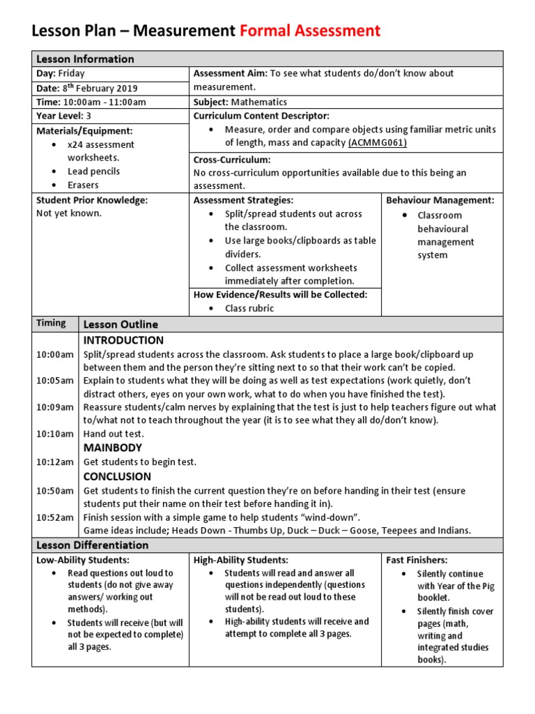Lesson Plan - Measurement: Formal Assessment | PDF | Classroom | Lesson ...