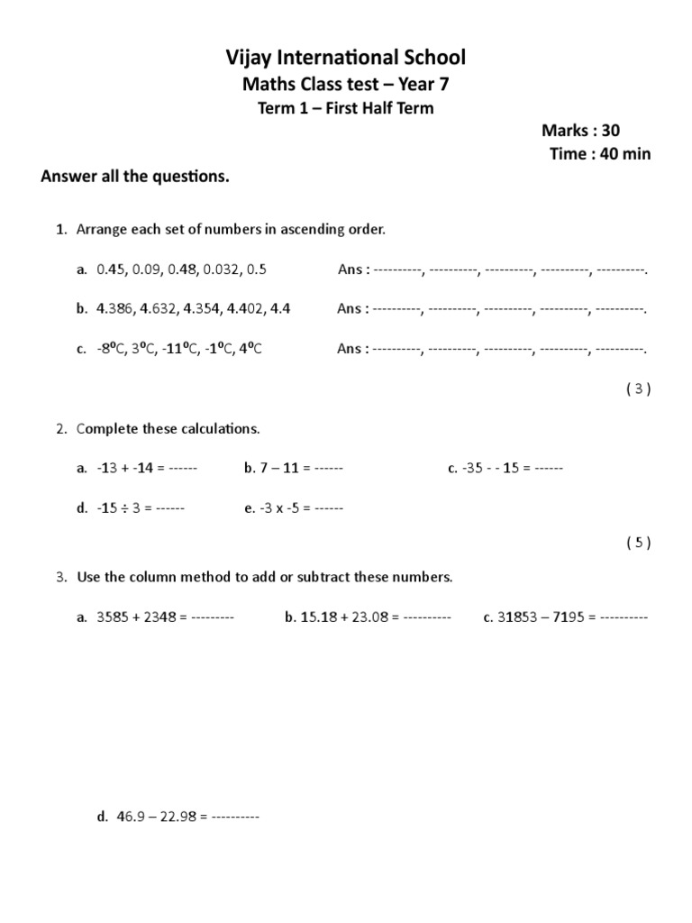 Maths Yr 6 Term Test 1 | PDF | Arithmetic | Teaching Mathematics