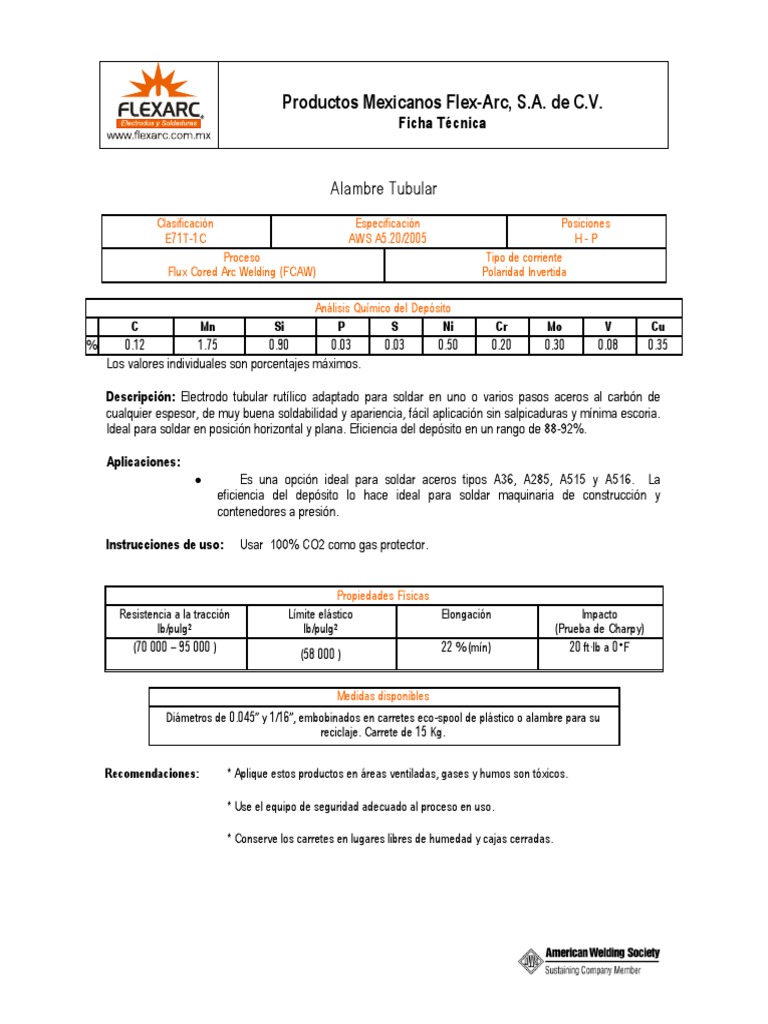 Ficha técnica sobre el alambre tubular E71T-1C para soldadura por arco con relleno de polvo y ...
