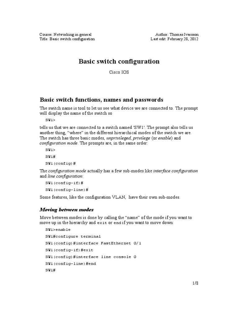 Cisco Ios Basic Switch Configuration Pdf Pdf Telecommunications Standards Computer Data