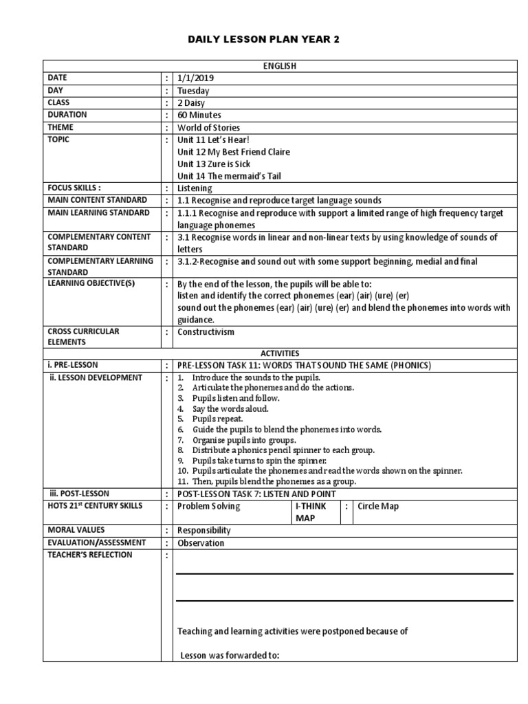 RPH 1 Jan 2e 2D | PDF | Phonics | Lesson Plan