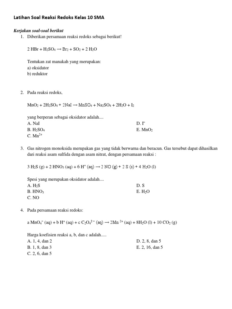 Latihan Soal Reaksi Redoks Kelas 10 SMA | PDF