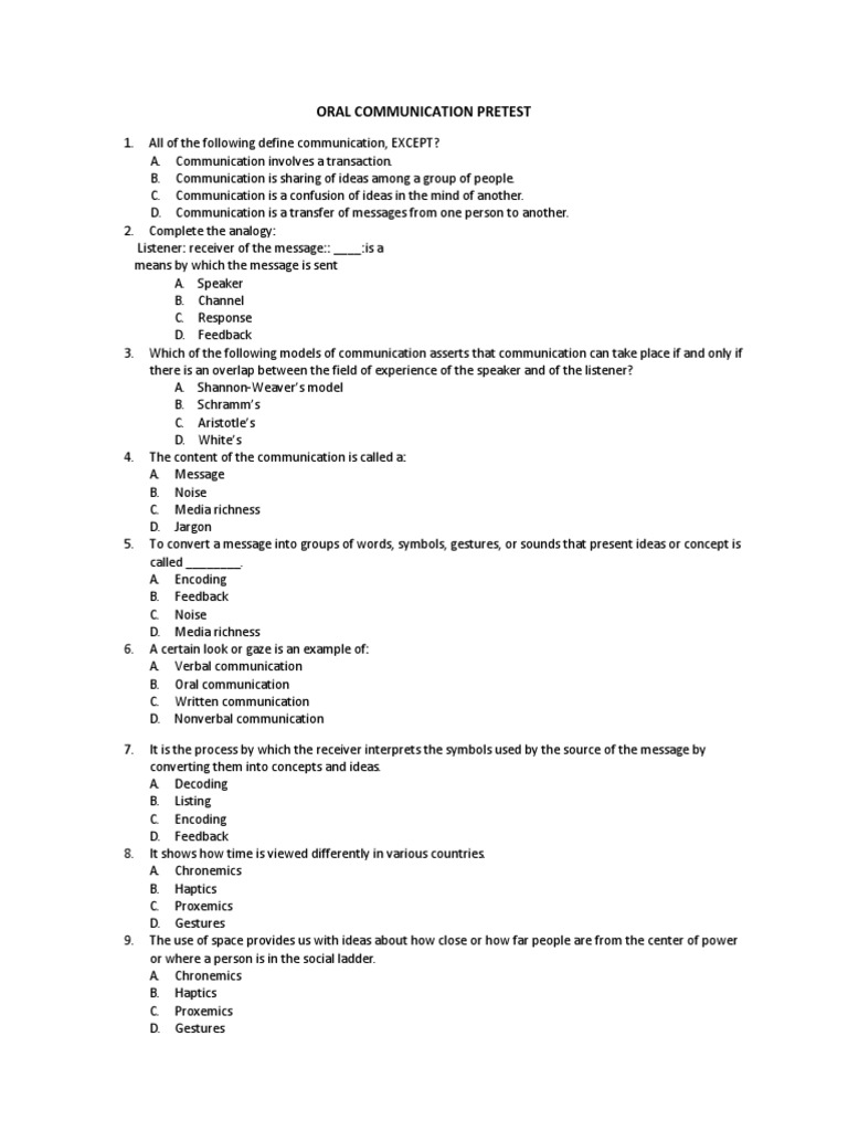 Oral Communication Pretest | PDF | Communication | Cognitive Science
