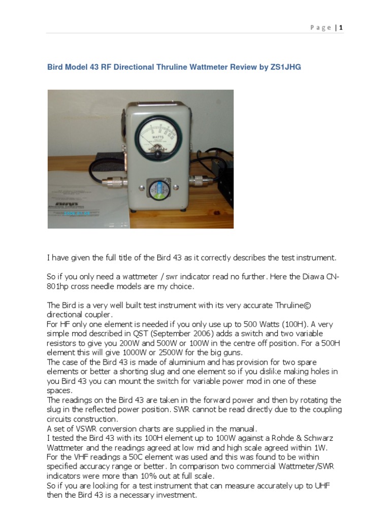 Bird Model 43 RF Directional Thruline Wattmeter Review by ZS1JHG | PDF