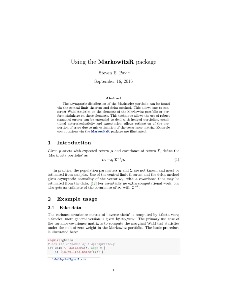 Using The MarkowitzR Package | PDF | Covariance Matrix | Estimator