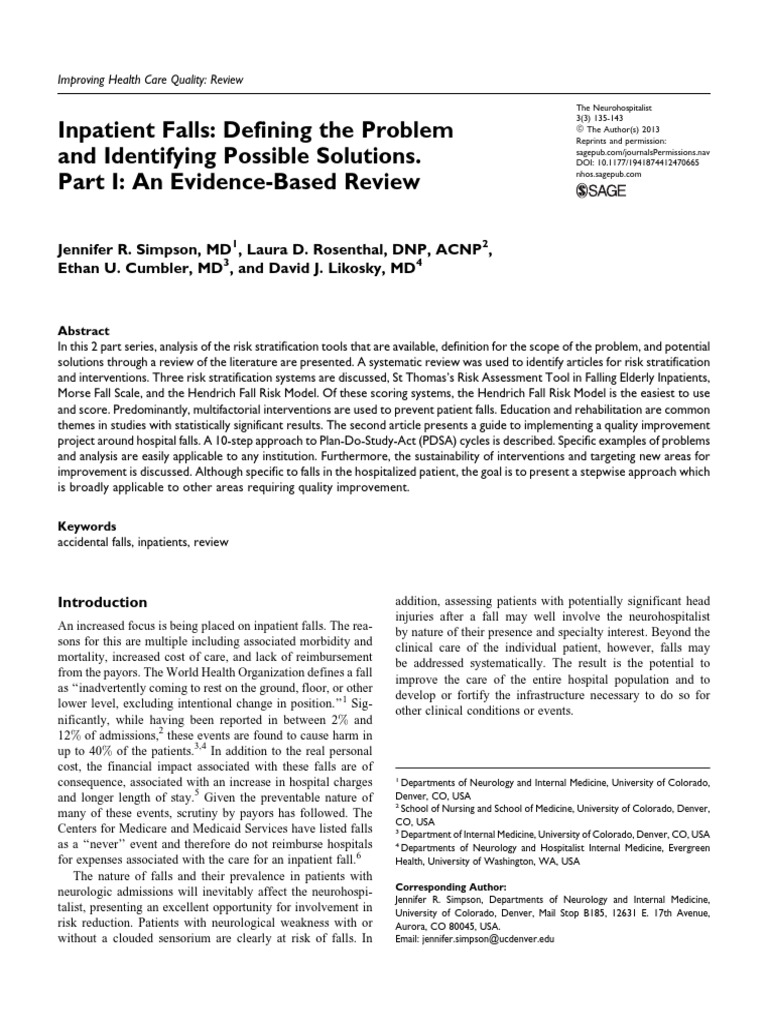 Inpatient Falls: Defining The Problem and Identifying Possible ...