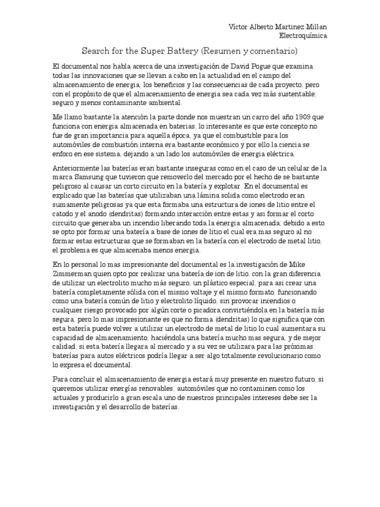 Search For The Super Battery (Resumen y Comentario) | PDF | Almacen de ...