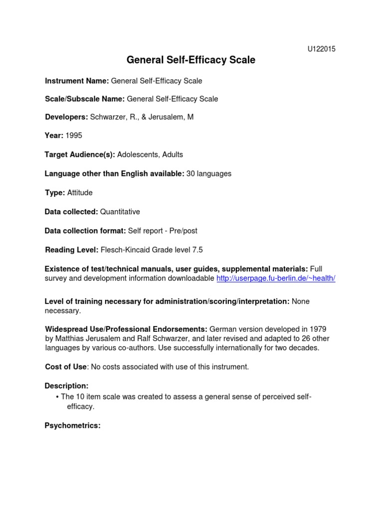 General Self-Efficacy Scale (Adolescents, Adults) Schwarzer | PDF ...