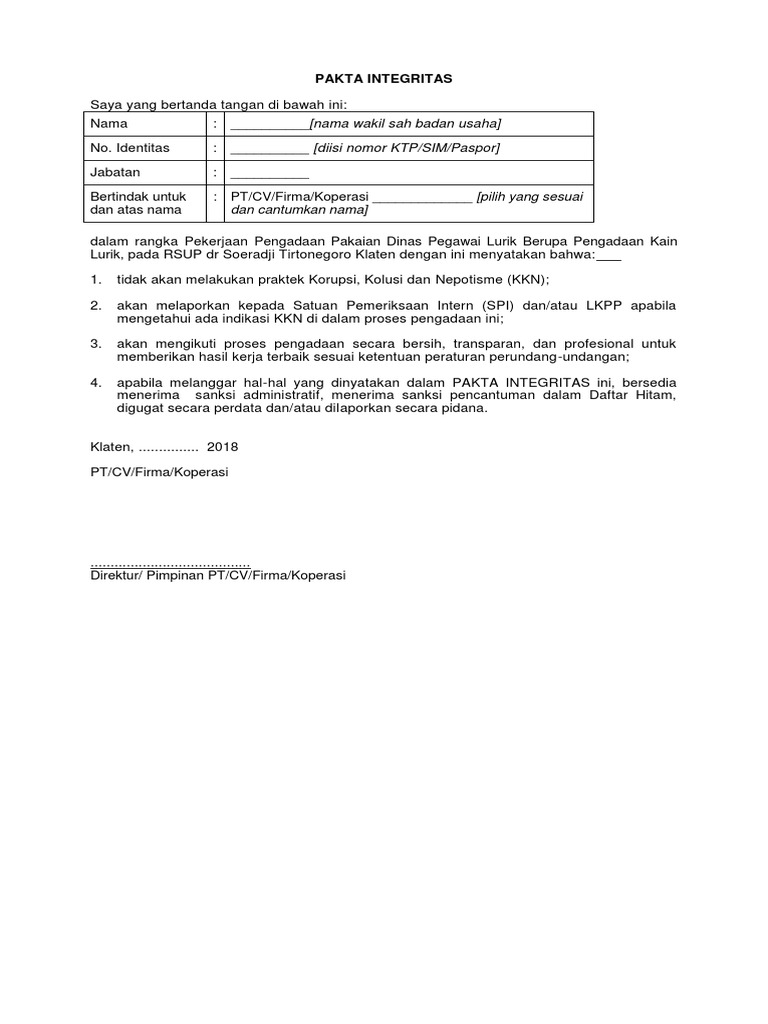 Contoh Pakta Integritas Dan Daftar Isian Kualifikasi | PDF | Bisnis ...