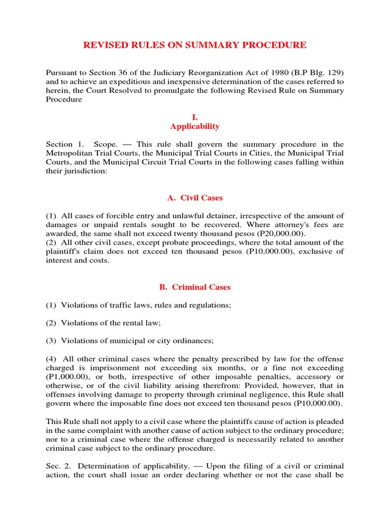 Revised Rules On Summary Procedure | PDF | Complaint | Pleading