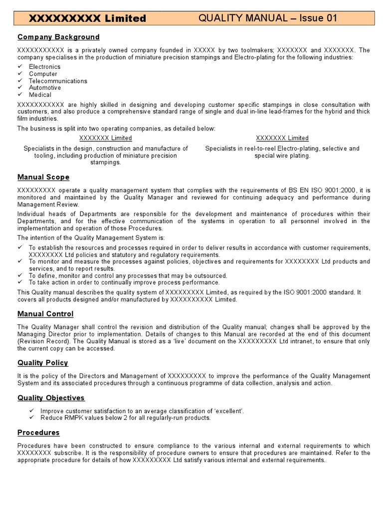 Two 2 Page Quality Manual | PDF | Iso 9000 | Quality Management System