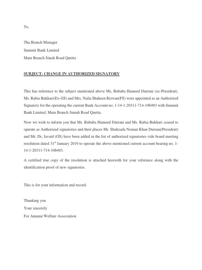 Bank Letter For Change of Signatories | PDF | Finance & Money ...