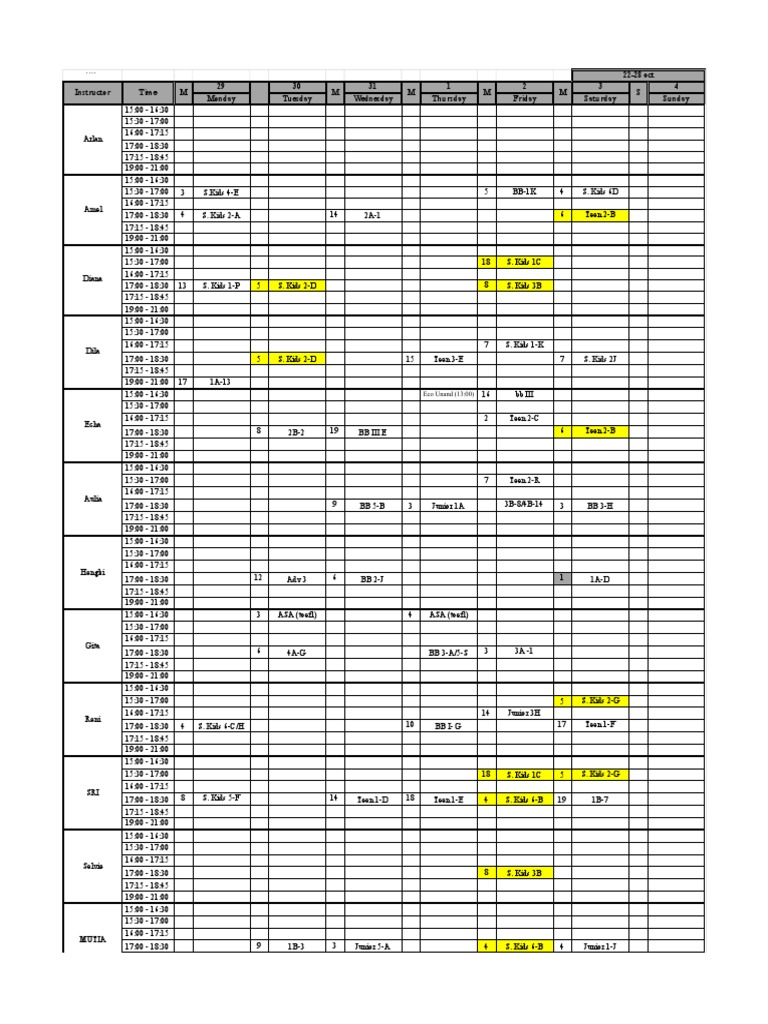 Weekly Class Schedule Overview | PDF | Cooking, Food & Wine
