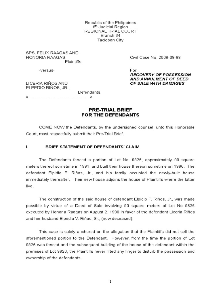 Pre Trial Brief | PDF | Lawsuit | Courts