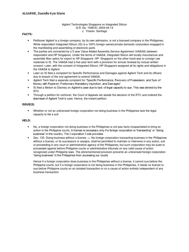 Agilent vs Integrated Silicon Case Summary | PDF | License | Complaint