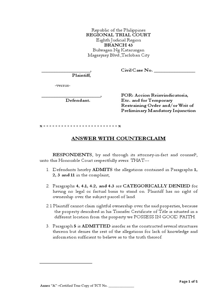 Answer with Counterclaim Example | PDF | Lawsuit | Judiciaries