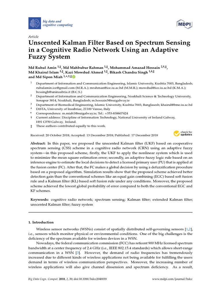 Unscented Kalman Filter Based On Spectrum Sensing in A Cognitive Radio ...