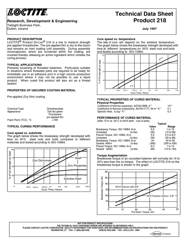 Dri Loc 218 Data Sheet | PDF | Nut (Hardware) | Shelf Life