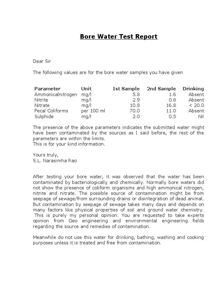Bore Water Test Report: Parameter Unit 1st Sample 2nd Sample Drinking | PDF