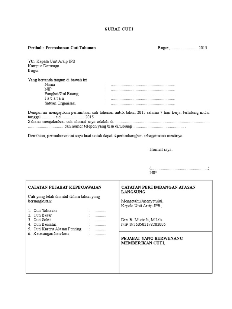 Contoh Blanko Formulir Surat Cuti Tahunan Unit Arsip 2015 | PDF
