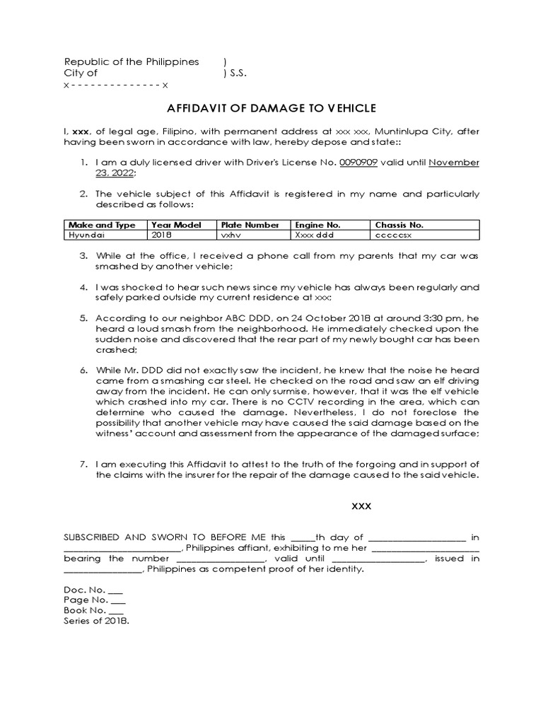 Affidavit of Damage To Vehicle | PDF
