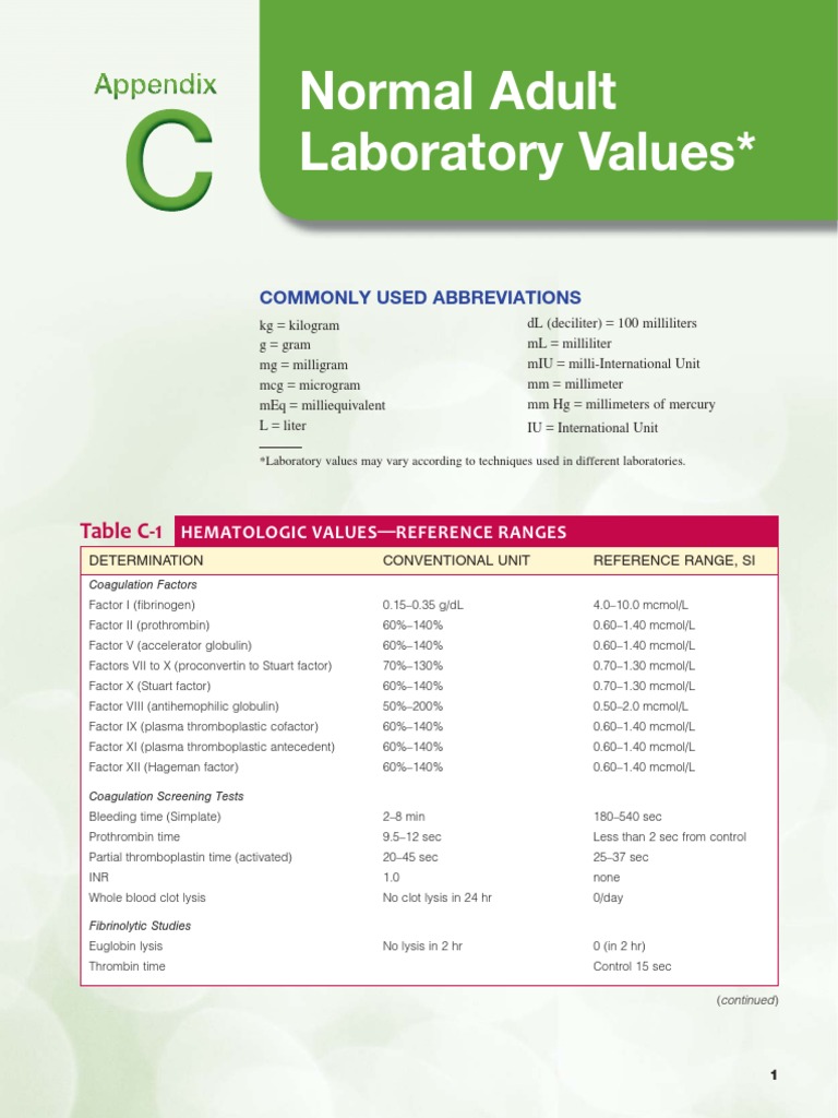 Normal Adult Laboratory Values | PDF | Blood | Nature