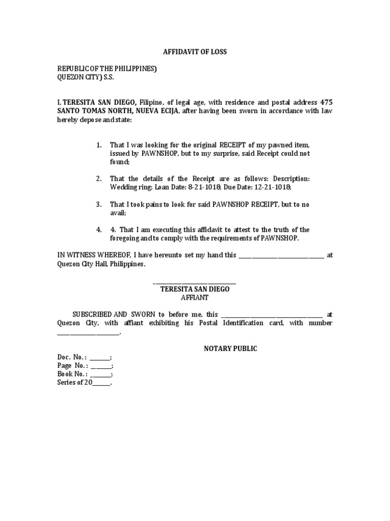 Sample AFFIDAVIT of LOSS Pawnshop Receipt | PDF