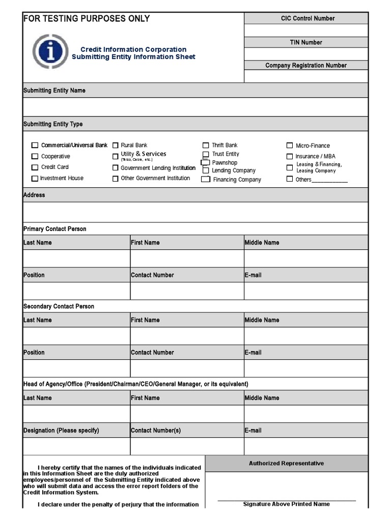 CIC Submitting Entity Information Sheet | PDF | Credit Card | Signature