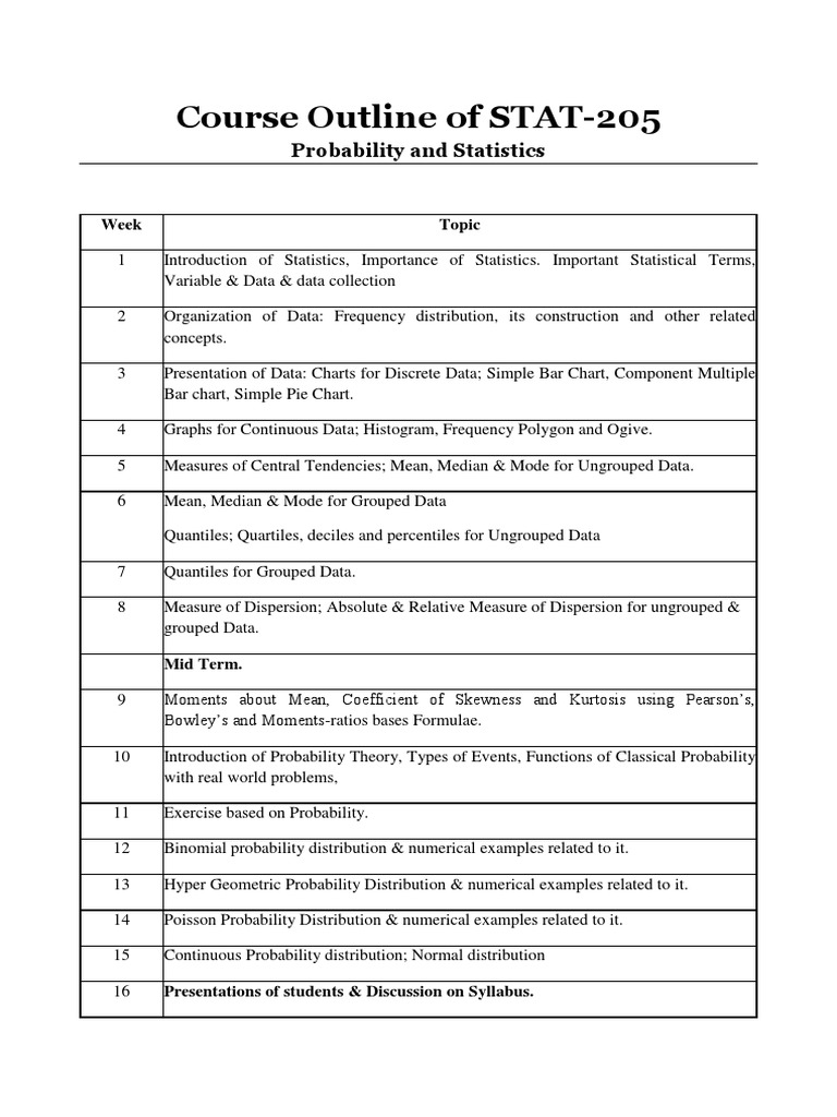 Course Outline of STAT-205: Probability and Statistics | PDF