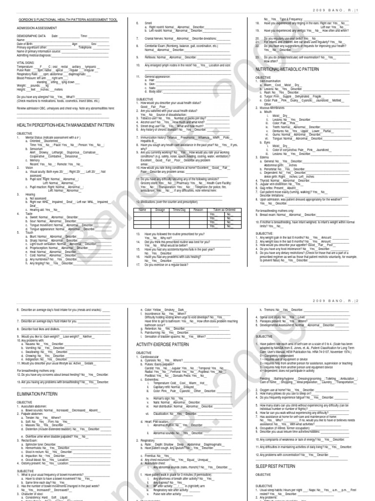 Gordons Functional Health Pattern Assessment Tool (Bano, R.) | Rape ...