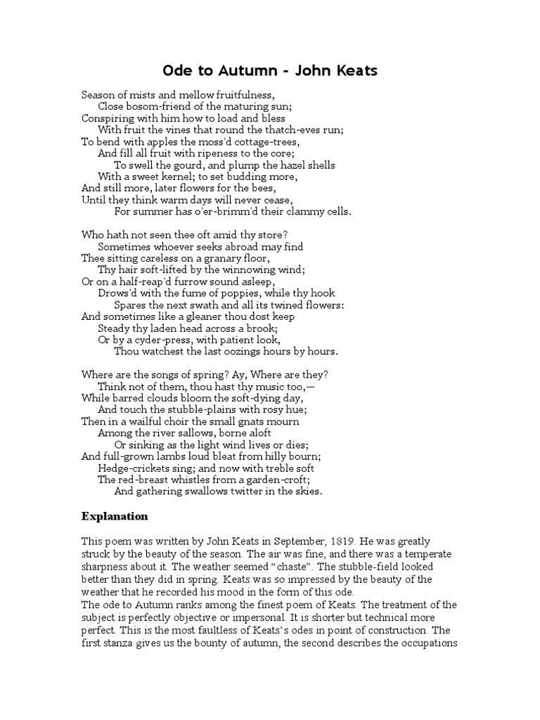 Ode To Autumn | PDF | John Keats | Poetry