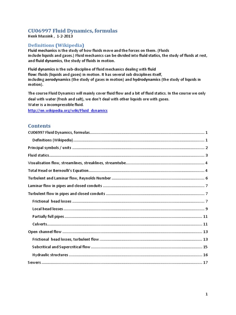CU06997 Fluid Dynamics, Formulas: Definitions (Wikipedia) | PDF | Fluid ...