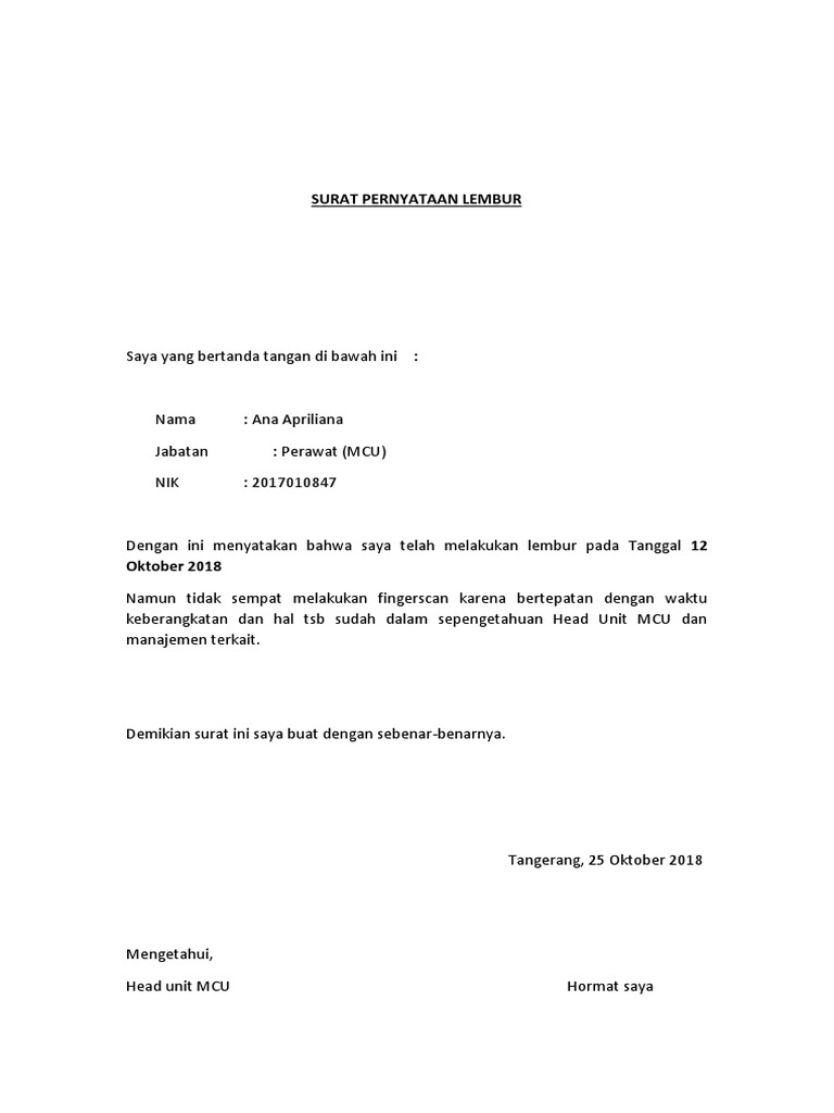 Surat Pernyataan Lembur | PDF