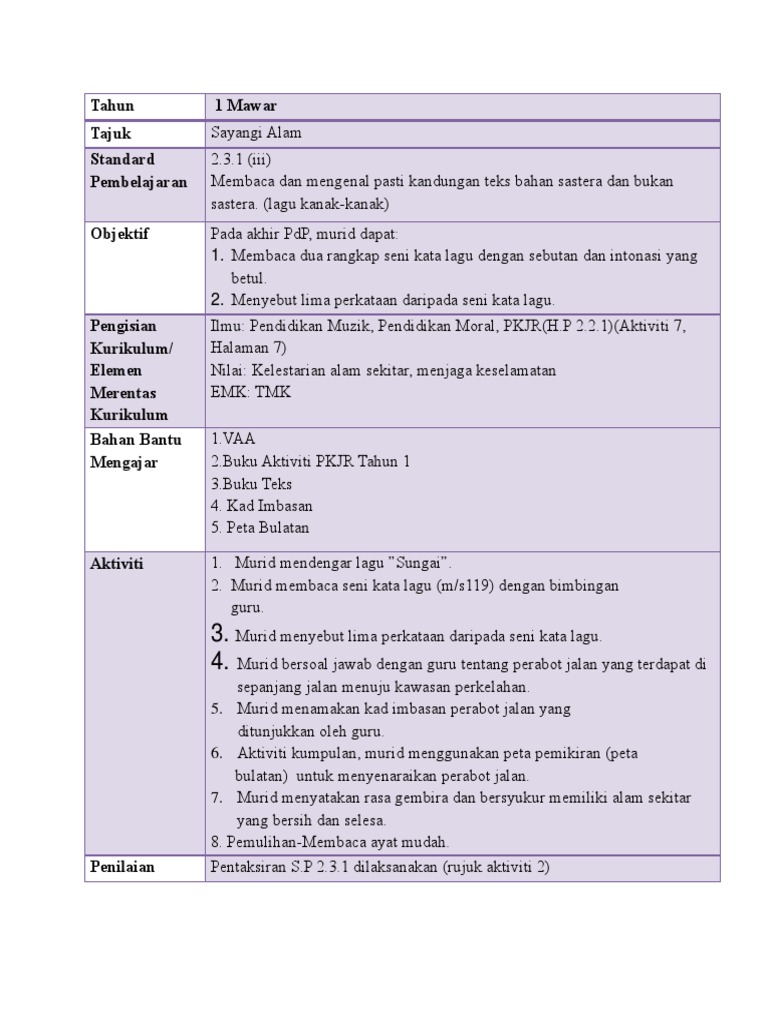 Contoh RPH Tahun 1 (PKJR) | PDF