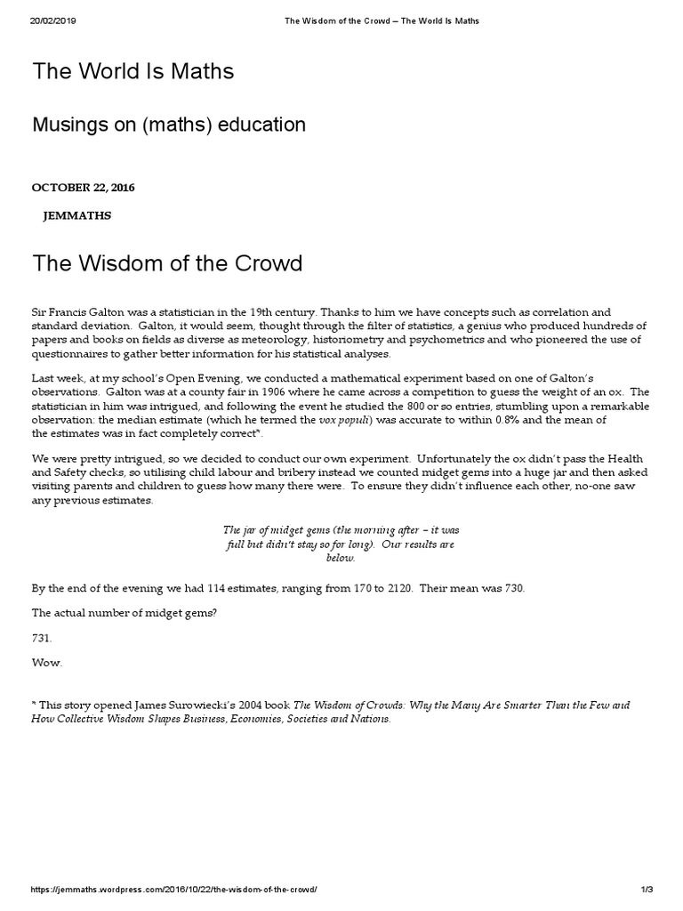 Wisdom of the Crowd in Maths Education | PDF | Francis Galton | Statistics