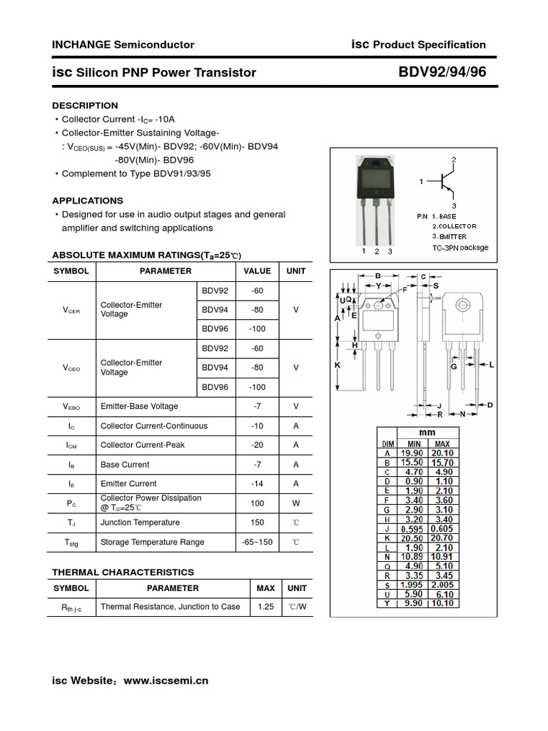 BDV94 PDF | PDF | Bipolar Junction Transistor | Semiconductor Devices