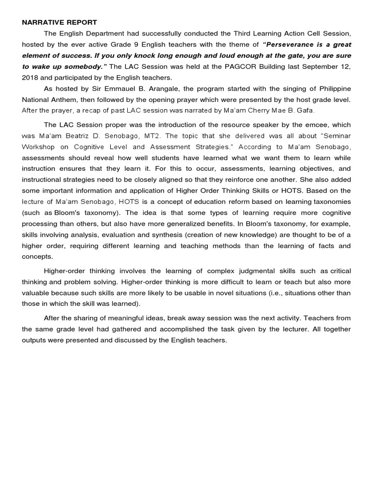 Narrative Report 3rd Lac | PDF | Teachers | Behaviorism