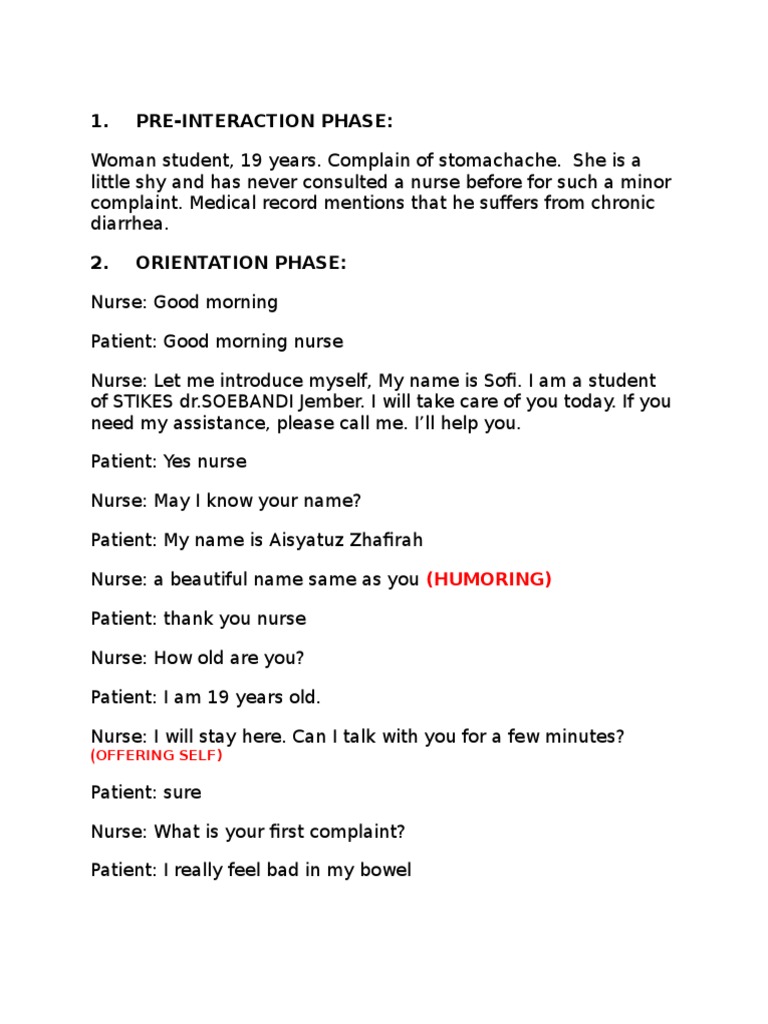 Pre-Interaction Phase:: (Humoring) | PDF | Nausea | Diarrhea