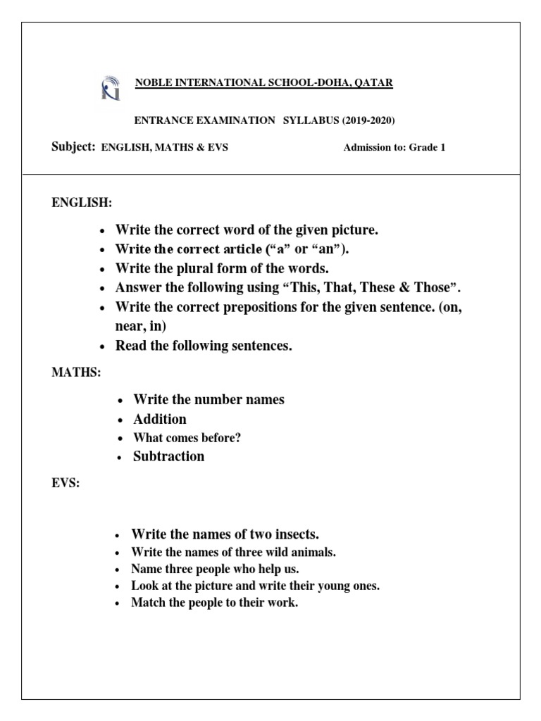 Grade 1 - Entrance Syllabus | PDF