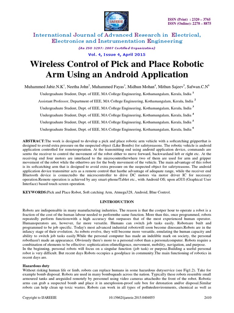 Wireless Control of Pick and Place Robotic Arm Using An Android Application | PDF | Arduino ...