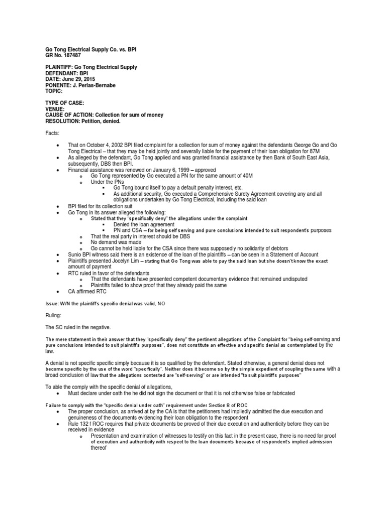 Go Tong Electrical Supply Co Vs BPI | PDF | Evidence | Lawsuit