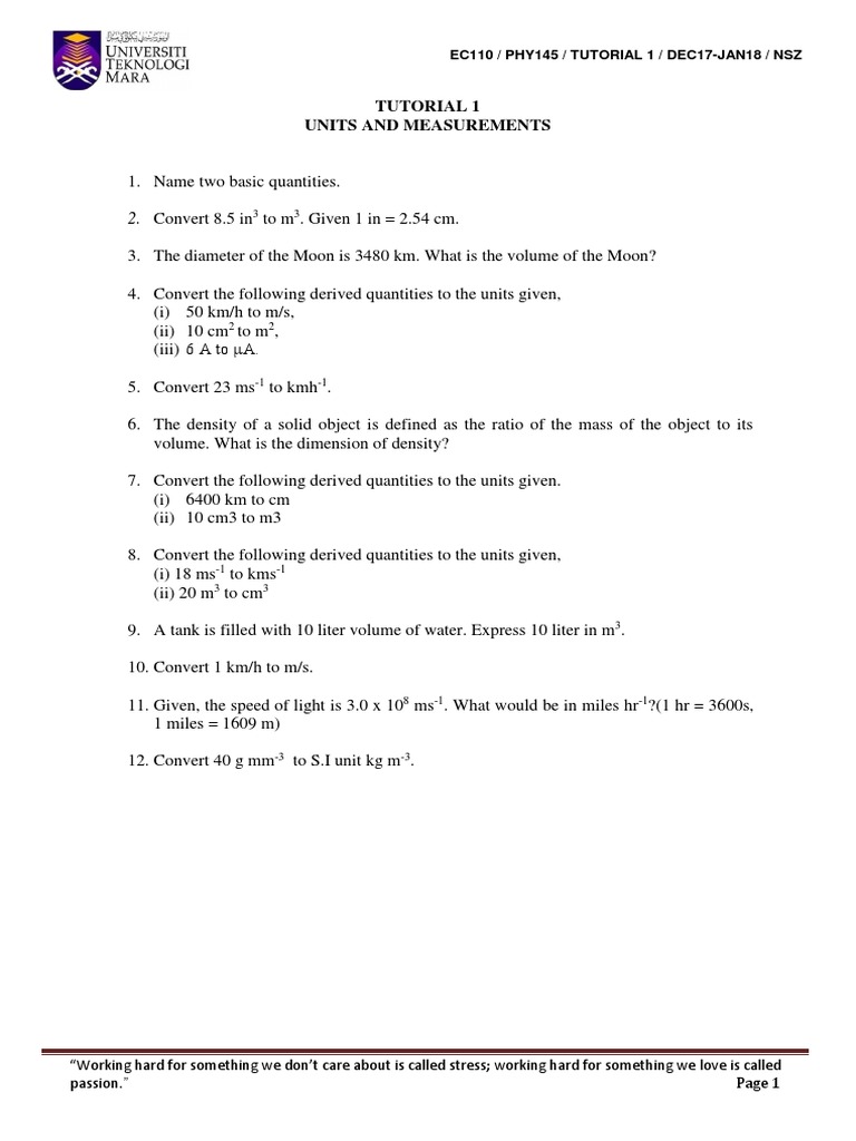 Units and Measurements Tutorial Guide | PDF | Science & Mathematics