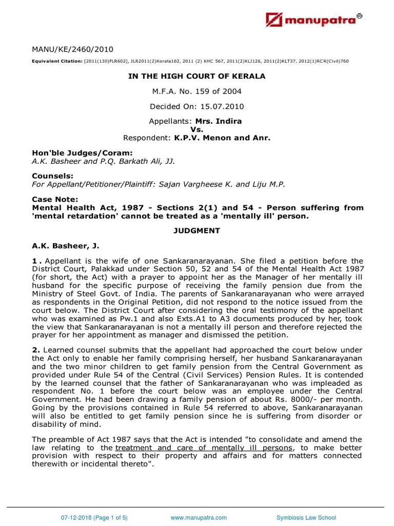 Mrs. Indira v. KPV Menon and Anr. | PDF | Legal Guardian | Property